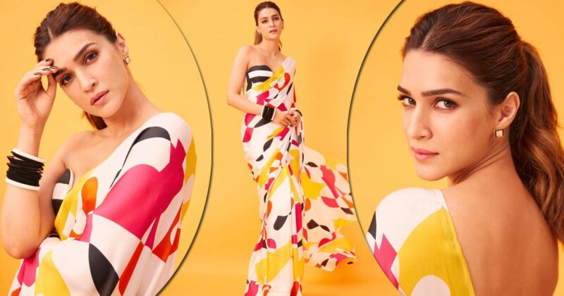 Kriti Sanon Adds A Colourful Twist To A Chiffon Saree Pairing A White & Black Striped Bralette ...